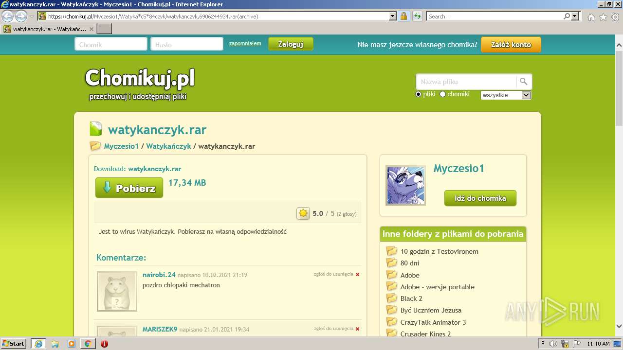 Malware analysis https://chomikuj.pl/Myczesio1/Watyka*c5*84czyk ...