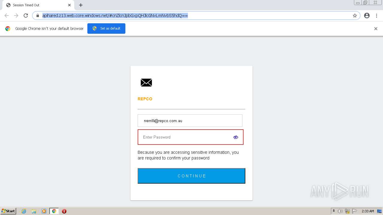 Malware analysis https://apihared.z13.web.core.windows.net/#cnZlcnJpbGxpQHJlcGNvLmNvbS5hdQ ...