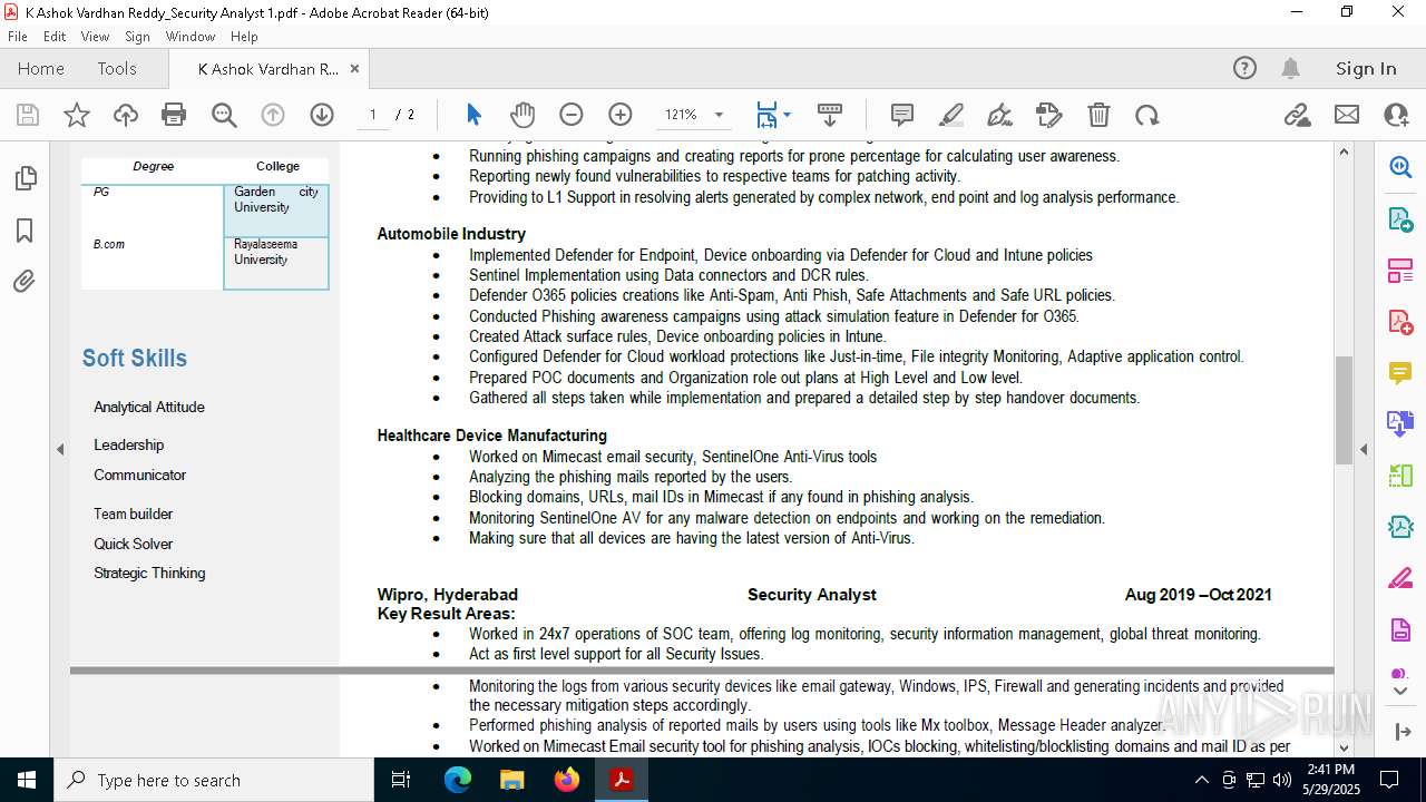 Analysis K Ashok Vardhan Reddy_Security Analyst 1.pdf (MD5: E3B804698A2F26FFF0AA6DF5A6B457C4) No ...